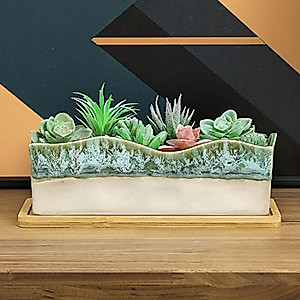 MyGift Rectangular Succulent Planter - Decorative Beige and Green Ceramic Glazed Plant Container Pot with Removable Bamboo Tray