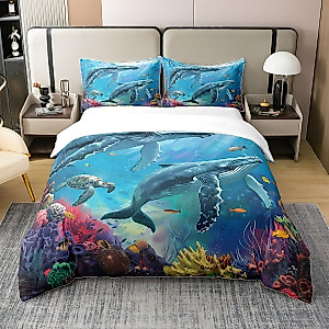 Erosebridal Blue Whale 100% Organic Cotton Duvet Cover for Kids Boys Girls,Tropical Turtle Fish Comforter Cover,Underwater Coral Bedding Set,Ocean Wildlife Bedspread Cover 3pcs Full