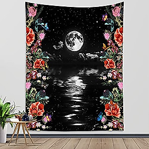 LB Full Moon Over Ocean Tapestry Wall Hanging, Moonlit Garden Tapestry, Night Sky Flower Plant on Black Background Wall Decor for Teen Bedroom Living Room Dorm Home Decor, 40 x 60 Inches