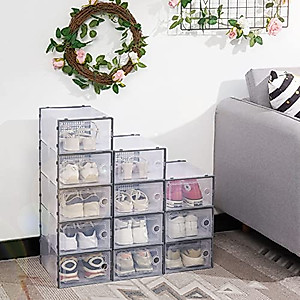 MecTo Shoe Organizer 12 Pack Clear Plastic Shoe Storage Foldable Stackable Closet Shoe Organizer Front Opening Shoe Storage Boxes Space Saving Sneaker Shoe Organizer for Closet Bedroom Multi-use
