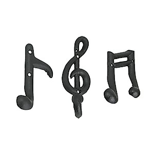 Zeckos Harmonious Melodies - Set of 3 Black Finish Cast Iron Musical Note Wall Hooks for Decorative Music Room Ensemble - 6 Inches High - Elegant Home Decor Accent