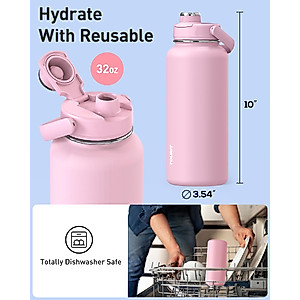 TOURIT 32 oz Insulated Water Bottle, Stainless Steel Sports Water Bottles With Top Handle, Double-Wall Travel Thermal Water Flask, BPA Free Leakproof Thermos Bottle for Sports and Travel,Pink