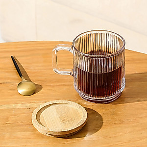 Lysenn Clear Glass Coffee Mug with Lid - Premium Classical Vertical Stripes Glass Tea Cup - for |Latte|Tea|Chocolate|Juice|Water| - Unleaded - Bamboo Lid - 12.5 Ounces