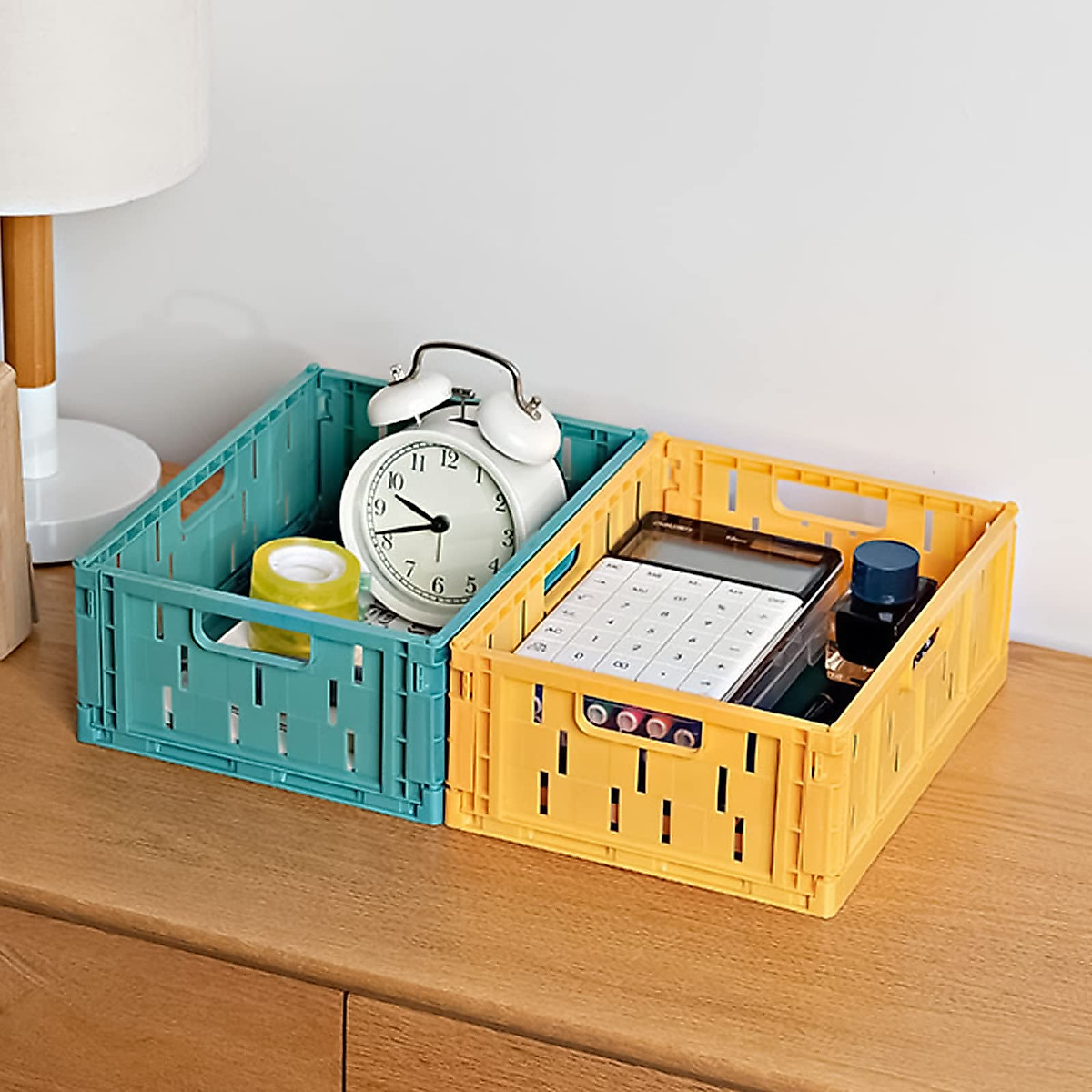 Klyuqoz Pastel Crates, 4 Pack Storage Crates Plastic Stackable, Medium Size(9.6 x 7.3 x 3.5 in), Desktop Storage Crates Folding for Home Office Bedroom.Blue, Yellow, Green, Orange