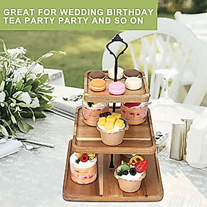 3 Tier Square Cupcake Stand Acacia Wood Serving Stand Wooden Three Tiered Cake Stand Dessert Stand for Party Wedding 3 Tier Tray Farmhouse Cup Cake Holder Display Stand