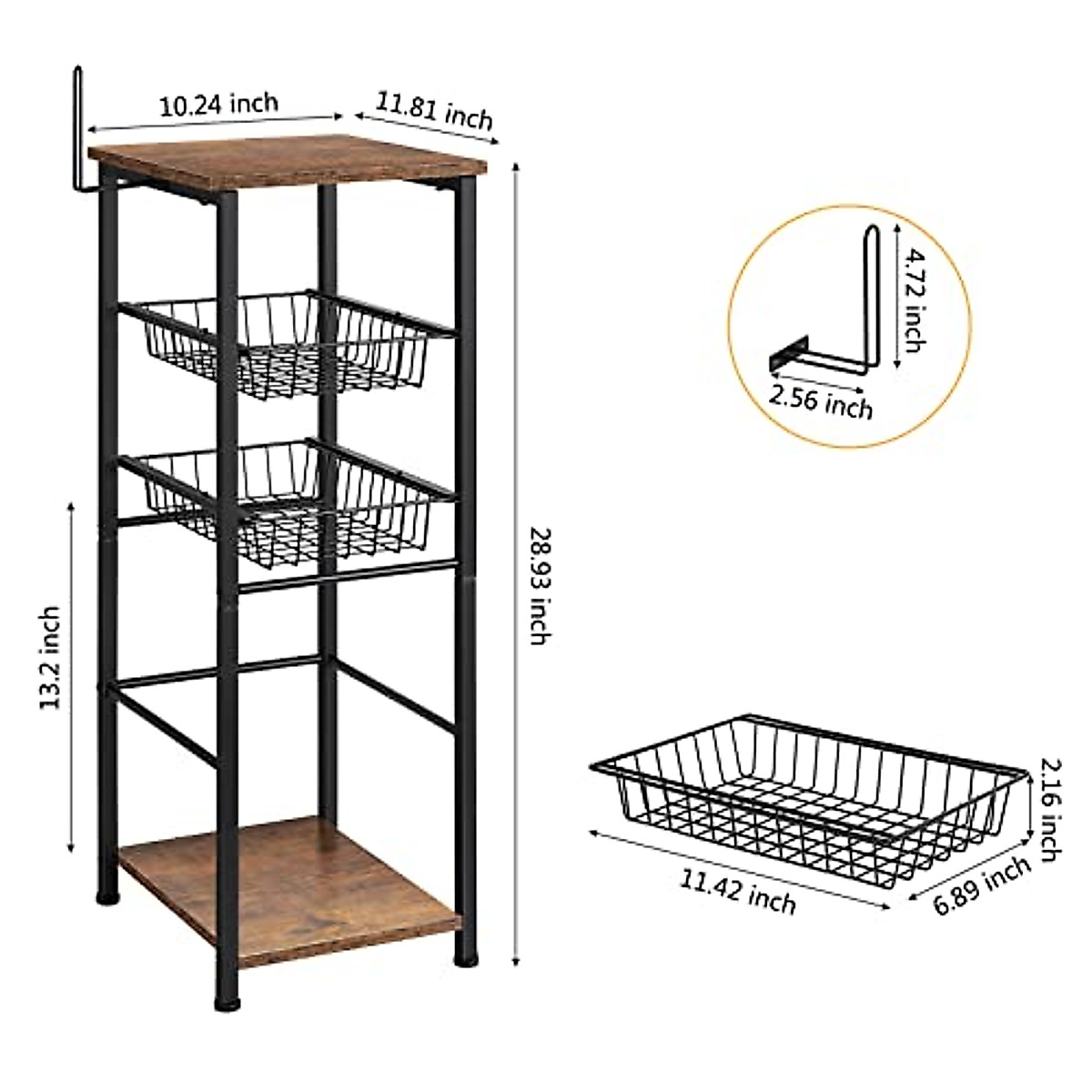 OYEAL Bathroom Floor Storage Cabinet 4 Tier Over The Toilet Storage Holder with Drawers Toilet Paper Holder Stand for Bathroom Laundry Room Entryway Kitchen Pantry, Rustic Brown