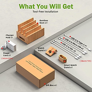 Pezin & Hulin Bamboo Charging Station for Multiple Devices with 5 Port USB Charger, 5 Cables, Watch&Earbuds Stand, Electronic Device Desktop Organizer for Cellphone, Tablet, Watch, Earbuds