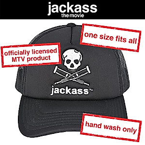 MTV Jackass Embroidered Skull and Crutches Logo Adjustable Cotton and Mesh Trucker Hat with Curved Brim, Black, One Size