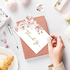 Whaline 36 Packs Floral Gold Foil Thank You Cards Watercolor Pink Flower Greeting Cards Blank Note Cards with Envelopes and Stickers for Wedding Baby Shower Bridal Shower Party, 4 x 6 Inch