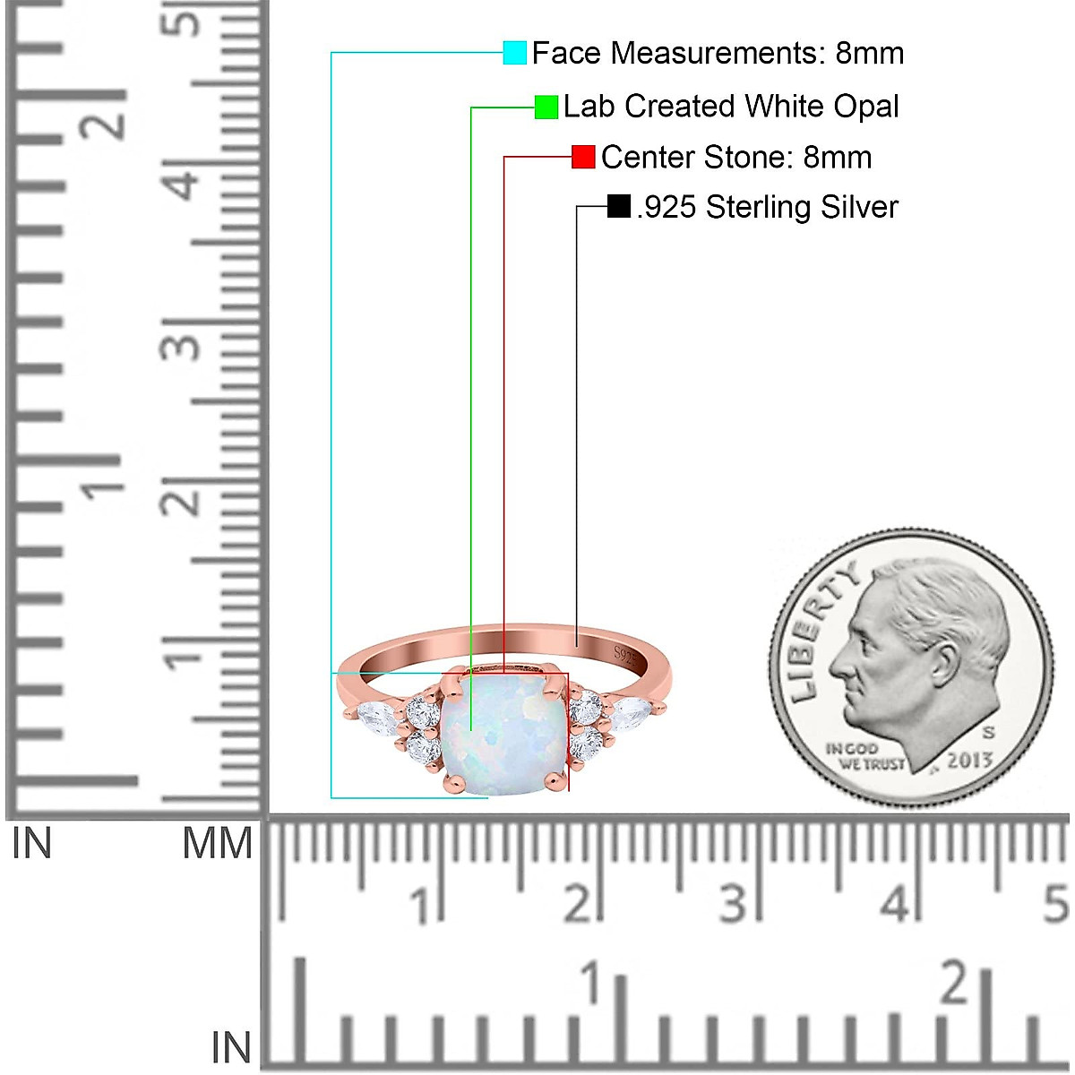Blue Apple Co. Rose Tone, Lab Created White Opal Size-7 Cushion Cut Marquise Art Deco Engagement Wedding Bridal Ring CZ 925 Sterling Silver