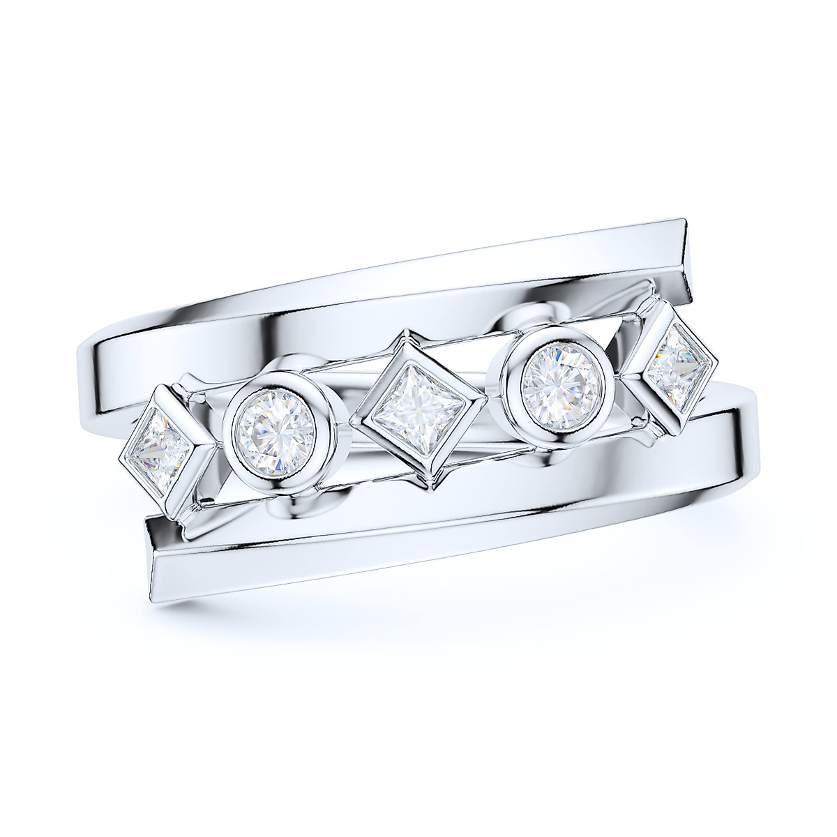 PRSTANI 8mm Wide Solid Sterling Silver Five Stone Split Twisted Shank Bezel Set Simulated Round and Princess Diamonds Ring Wedding Band (8)