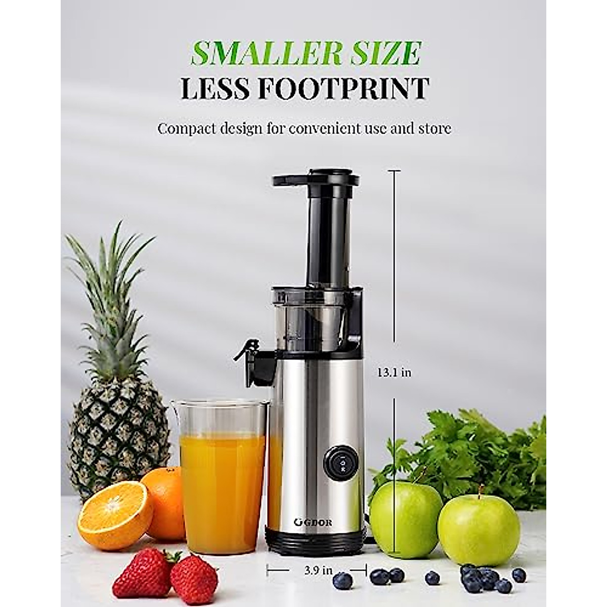 Compact GDOR Masticating Juicer with Powerful 60NM DC Motor, Low Noise, Space-Saving Cold Press Juice Exrtractor Machines, Easy to Clean Slow Juicer, Brush Included, 20 Oz Juice Cup, BPA-Free, Sliver