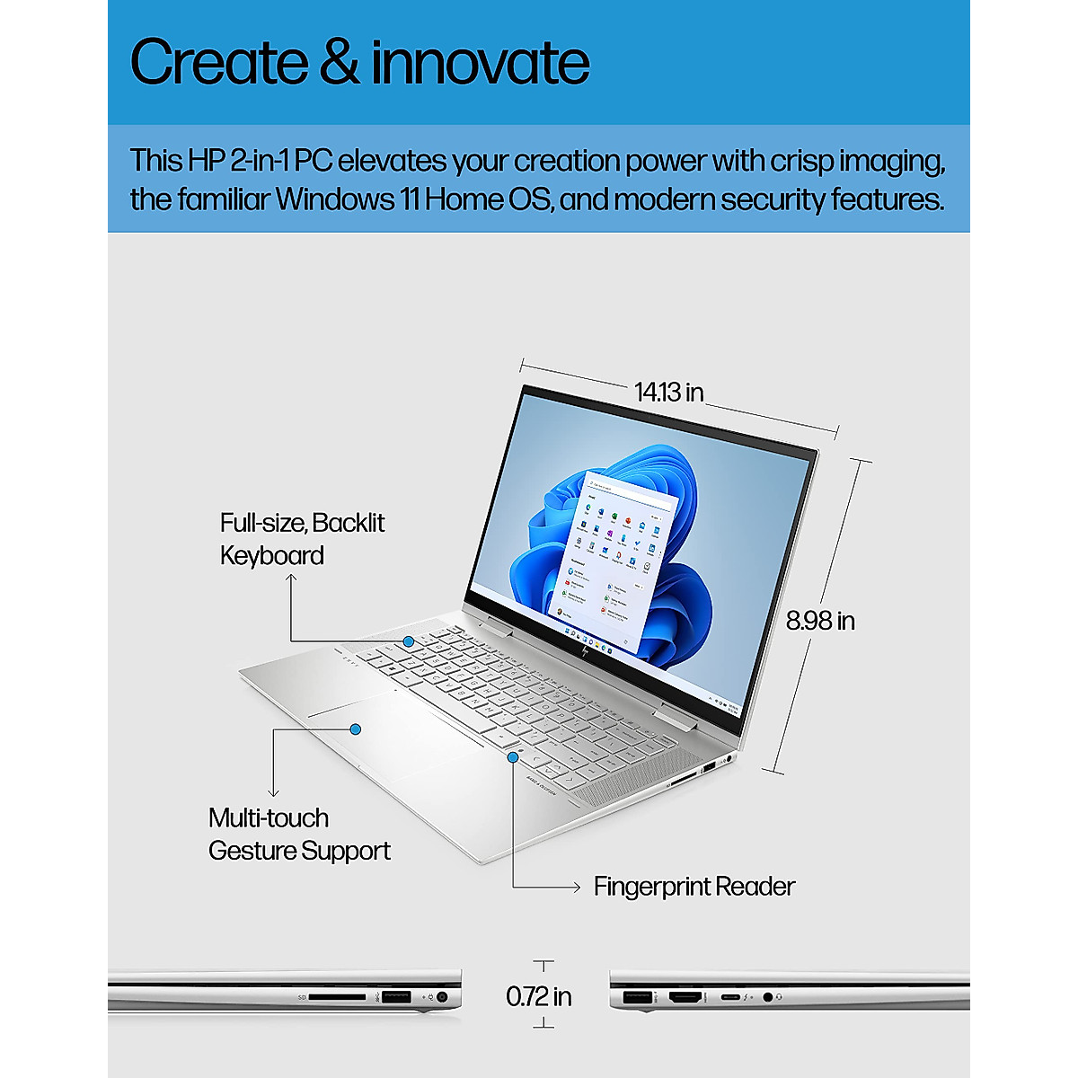 HP Envy x360 Convertible, Intel® Core i5-1240P Processor, Iris X Graphics, 12 GB Memory RAM, M.2 SSD, Windows 11 Home (15-es2023nr, Natural Solver Aluminum)