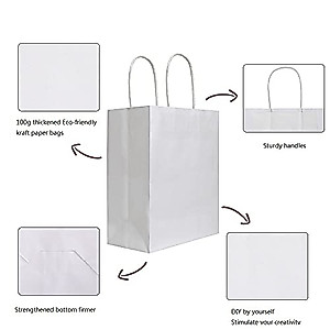 bagmad 50 Pack 8x4.75x10 inch Medium White Kraft Paper Bags with Handles Bulk, Gift Bags, Craft Grocery Shopping Retail Birthday Party Favors Wedding Sacks Restaurant Takeout, Business (50Pcs)