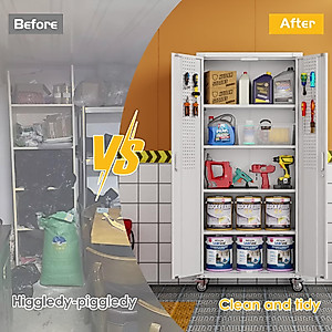 Aobabo 72" H Lockable Storage Cabinet on Wheels with 4 Shelves, Office Furniture Metal Storage Organizer with Wheels for Garage, Assembly Required, White