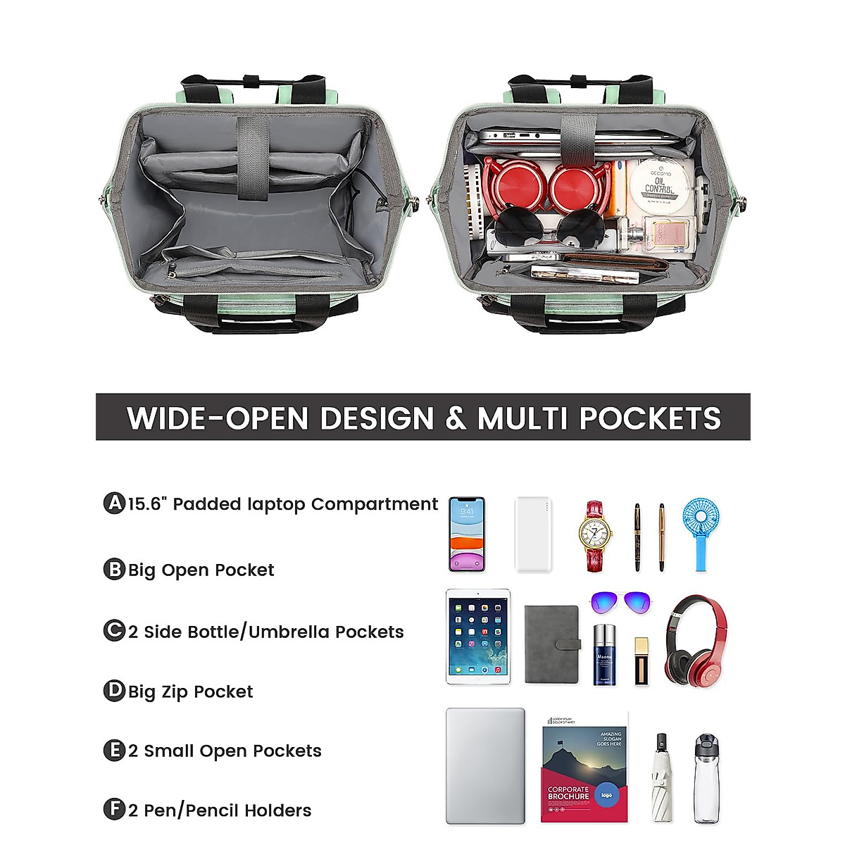 FALANKO Laptop Backpack for Women, Work Doctor Teacher Nurse Wide Open College School Student 15.6 Inch Laptops Bookbag Purse with USB Charging Port,Computer Bag for Men Women Girls Green-Black