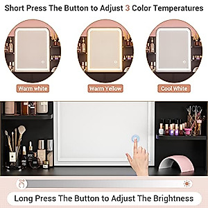 armocity Vanity Desk with Mirror and Light, Makeup Vanity with Cushioned Stool, Vanity Table Set with 3 Color Lighting Options, Modern Dressing Table with 2 Storage Drawers for Bedroom, Black