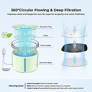 Cat Fountain Water Bowl, Water Fountain for Cats Inside, Dog Water Bowl Dispenser, 74oz/2.2L Easy to Clean and Assemble Automatic Pet Water Dispenser for Cats Dog Small Puppy with Filters, Green