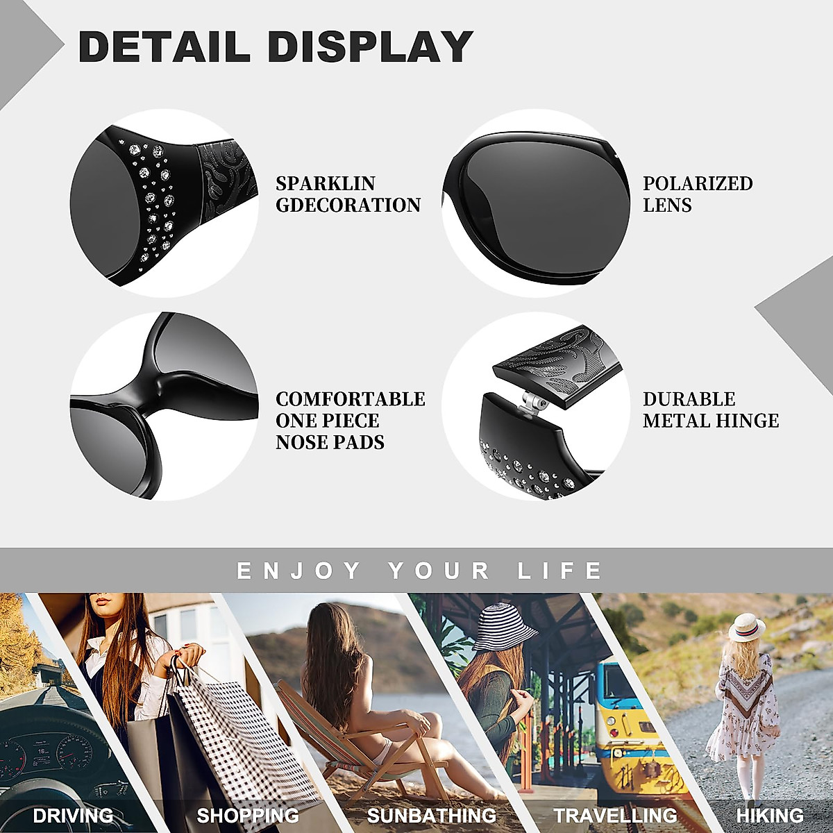 HAOLOTA Retro Polarized Sunglasses for Women, Rhinestone Wrap Around Sunglasses with UV400 Protection