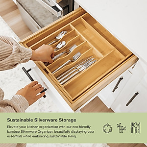KitchenEdge Premium Silverware, Flatware and Utensil Organizer for Kitchen Drawers, Expandable to 25 Inches Wide, 10 Compartments, 100% Bamboo