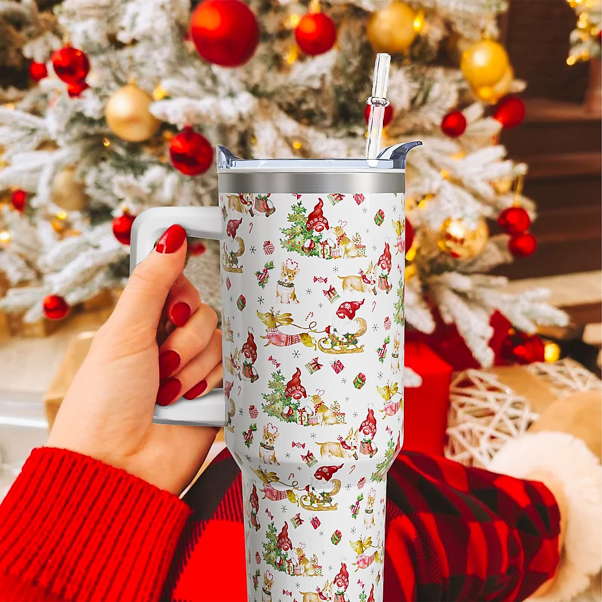 owbgsdh 40 oz Christmas Tumblers with Handle and Straw, Gnome Corgi 40oz Stainless Steel Vacuum Insulated Travel Coffee Mug Cup Water Bottle, Christmas Decor Stuff Accessories Gifts for Women