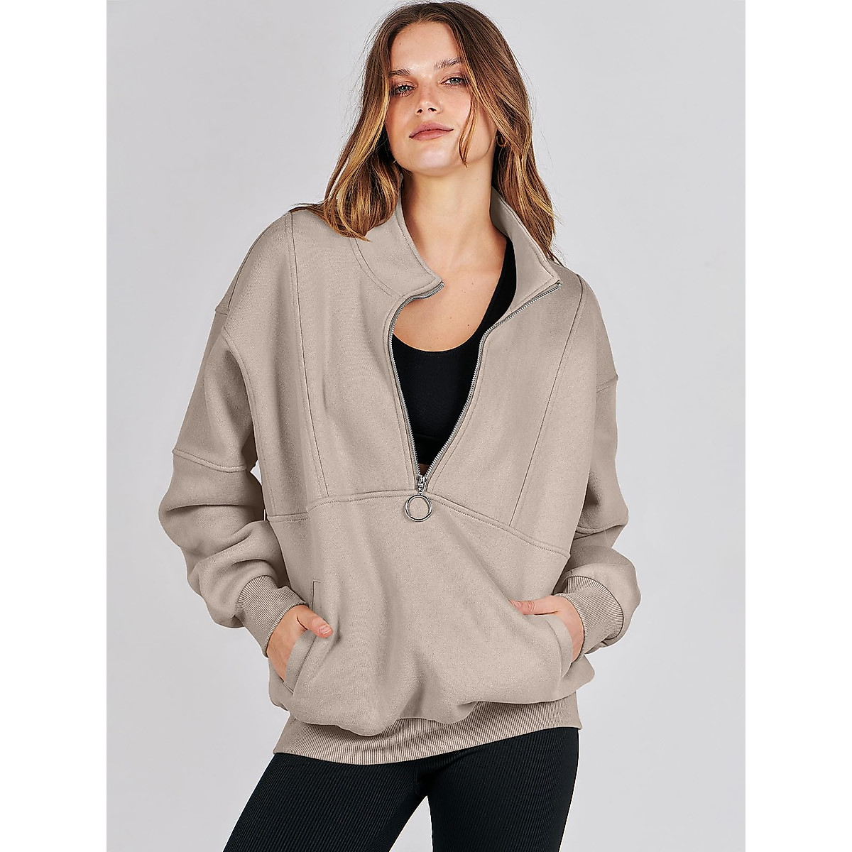 ANRABESS Women's Oversized Half Zip Fleece Sweatshirts Quarter Zip Pullover Top Fall 2024 Outfits Trendy Clothes Light Brown X-Large