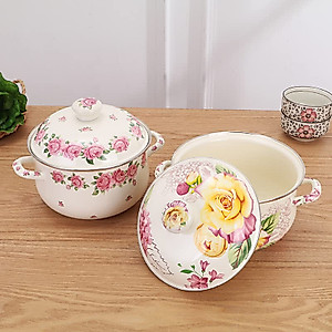 SOUJOY Enamel Stockpot with Lid, 2.8 Quart Retro Cooking Pot, Vintage Floral Stew Bean Simmer Pot with Handle, Kitchen Soup Pot, Safe for Induction Cookers, Gas Stove