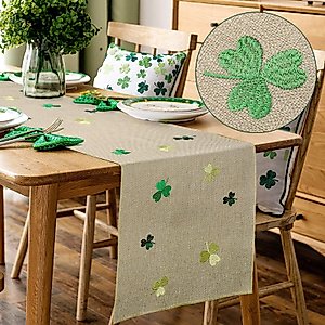 yuboo St Patrick Day Table Runner, Embroidered Shamrock Table Runnr Linen Burlap for Farmhouse Rustic Spring Decorations,13 x 72