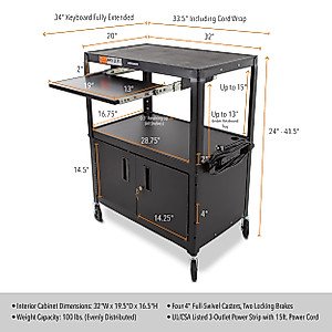 Line Leader Extra Wide AV Cart with Locking Cabinet, Rolling Computer Desk, Height Adjustable Utility Cart with Pullout Keyboard Tray & UL-Listed Power Strip, Great for Projectors (42 x 32 x 20in)