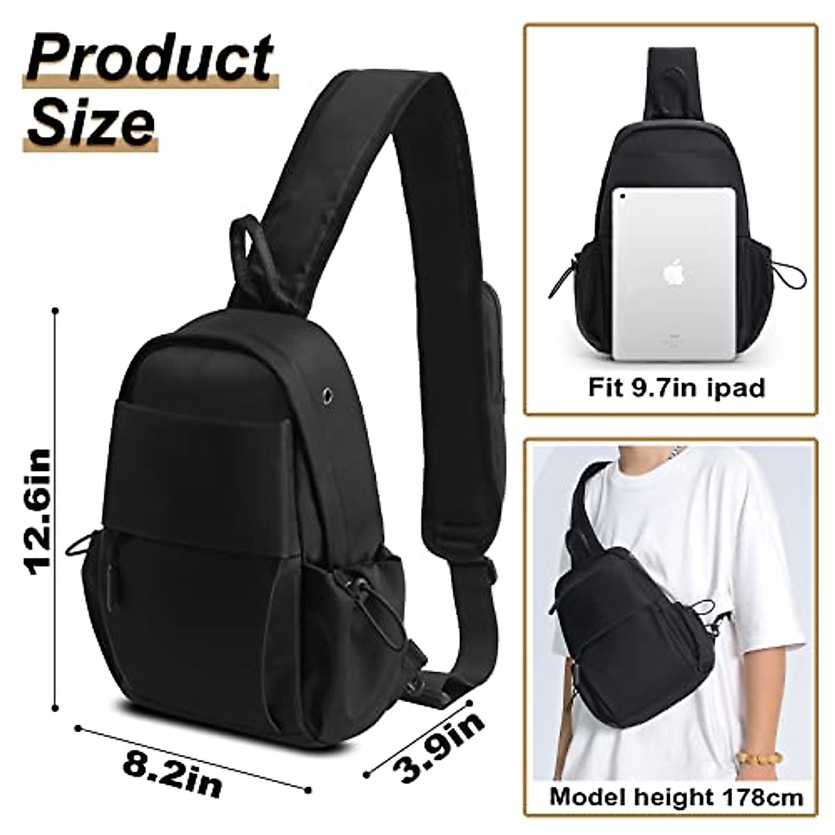BOXJINCO Crossbody Sling Backpack Sling Bag Shoulder Bag for Men Women, Lightweight One Strap Backpack for Hiking Walking Biking Travel Cycling (Black)