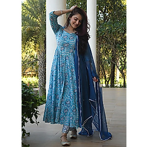 Elina fashion Indian Kurti for Womens With Pant & Dupatta | Rayon Printed Long Kurta Partywear Kurtis Tunic Tops Cyan
