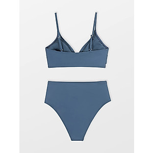 CUPSHE Women's Bikini Sets Two Piece Swimsuit High Waisted V Neck Twist Front Adjustable Spaghetti Straps Bathing Suit, M Blue