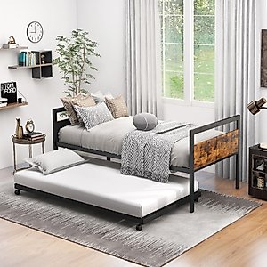 KOMFOTT Twin Size Metal Daybed with Trundle, Daybed Frame with Wooden Headboards, Metal Slat Support, Saving Space Metal Sofa Bed Frame for Living Room, Bedroom, Apartment, No Box Spring Needed