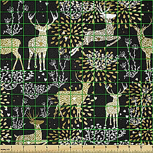 Ambesonne Christmas Fabric by The Yard, Nature Woodland and Deer Silhouettes with Oriental Ornaments Design, Stretch Knit Fabric for Clothing Sewing and Arts Crafts, 2 Yards, Yellow White