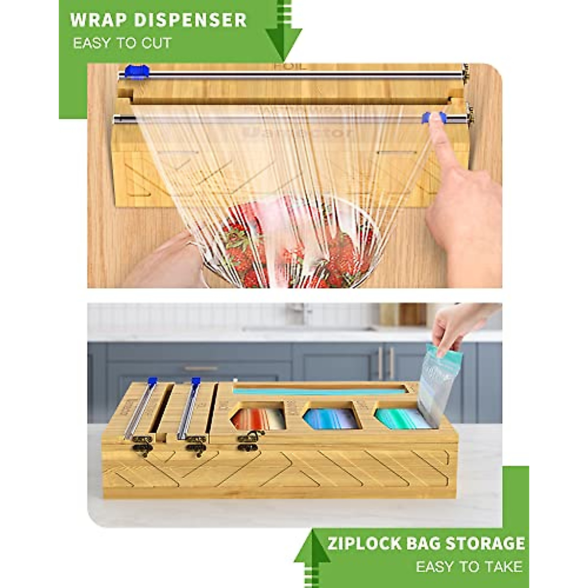 Bamboo Ziplock Bag Storage Organizer, 6 In 1 Foil and Plastic Wrap Organizer for Kitchen Drawer, Uamector  Aluminum Foil Dispenser with Cutter, Compatible within 12" Roll 