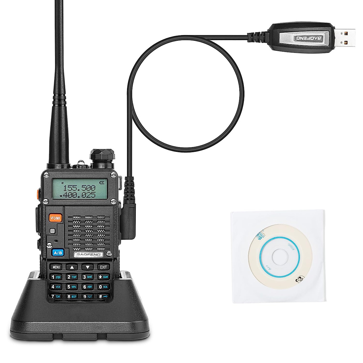 BAOFENG UV-5R 8-Watt Radio (UV-5R 3rd Gen) with Programming Cable and High-gain Antenna, Long Range Handheld Ham Radio with Earpiece and Hand Microphone (2 Pack)