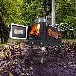 Lineslife Hot Tent Stove Wood Burning with Glass, Portable Camping Wood Stove with Windproof Chimney for Tent Shelter Outdoor Cooking Heating, Black