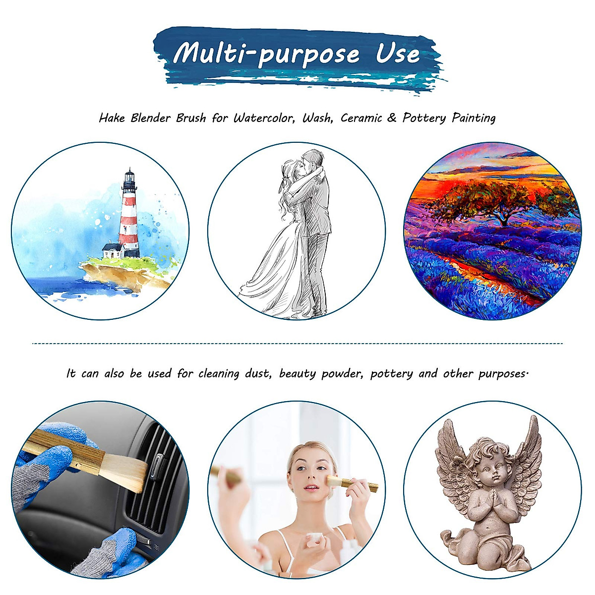 2 Pieces Hake Blender Brush Bamboo Brush for Ceramics Paint Brush Applicator Artist Drawing Brush Craft Painting Brushes for Watercolor, Wash, Ceramic and Pottery Painting (Classic Style)