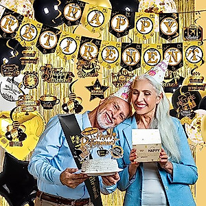 Sharonlily Premium Black and Gold Retirement Party Decorations, Super Value Pack of Happy Retirement Decoration Supplies, Hanging Swirls, Fringe Curtains, Balloons, Happy Retirement Banner, Sash, Card