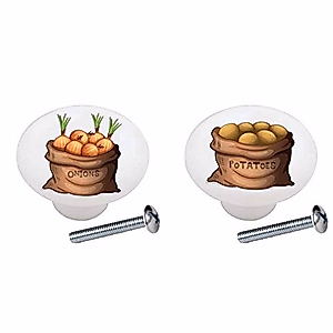 SET OF 2 KNOBS - Potatoes Onions Sack Bag - DECORATIVE Glossy CERAMIC Cupboard Cabinet PULLS Dresser Drawer KNOBS