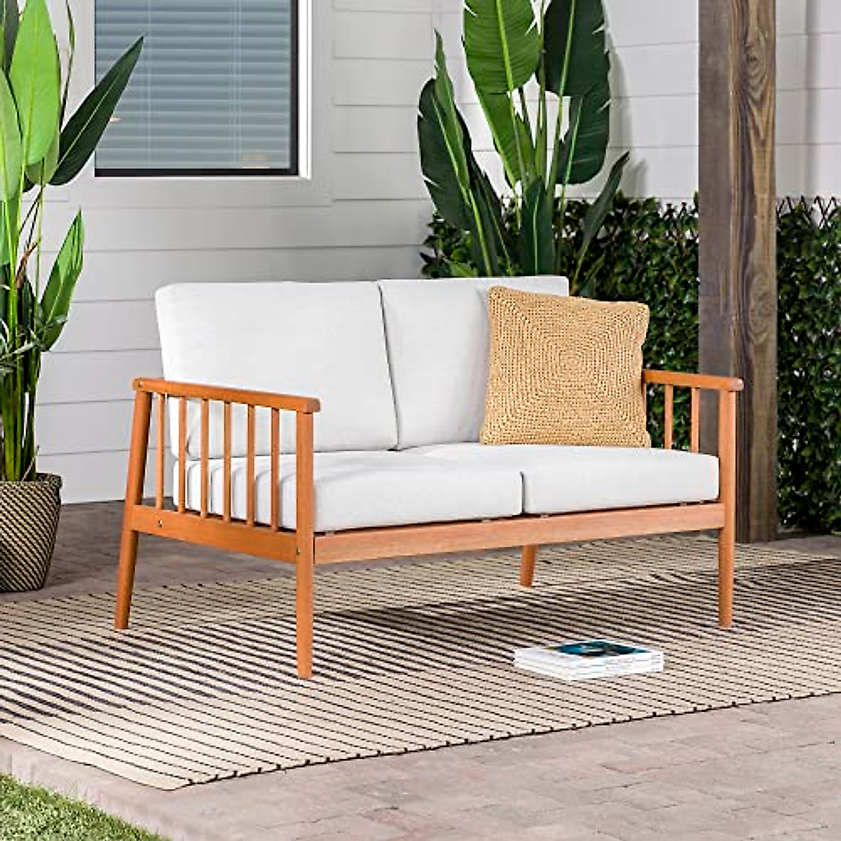 Walker Edison Dekian Modern Outdoor Spindle Style Double Lounge, 51 Inch, Brown