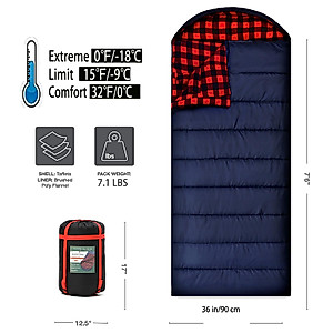 PALLYGO 0 Degree Sleeping Bag Cotton Flannel Sleeping Bags for Adults Cold Weather Camping Winter Zero Degree Warm Weather Big and Tall Right Zip