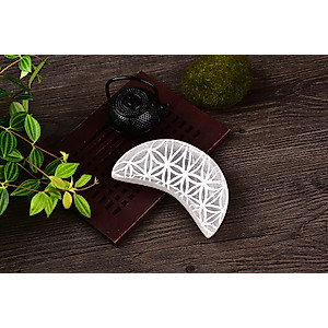 AMOYSTONE Selenite Charging Bowl 4” Crescent Moon Stone Bowl Engraving Pattern Flower of Life, for Jewelry, Home Decoration