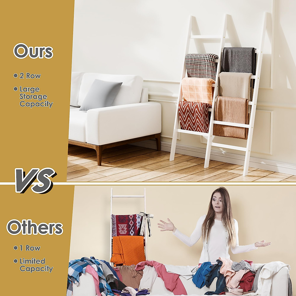 Daflymaco Blanket Ladder for Living Room - 10-Tier Bamboo Wood Blanket Ladder Quilt Ladder Rack Modern Decor Wall Leaning Ladder for Blankets Easy Assembly Blanket Holder for Home Bathroom White