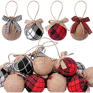 Deloky 16 Pcs Buffalo Plaid Fabric Ball- 2 Inch Christmas Fabric Wrapped Burlap Balls- Rustic Ball Ornaments with Bow for Christmas Tree Party Decoration Supplies