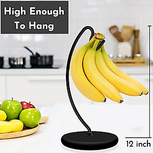 Niceyos Banana Holder Stand - Newest Patented Modern Banana Hanger with Wood Base Stainless Steel Banana Tree Hook Rack for Kitchen Countertop (Full Black)
