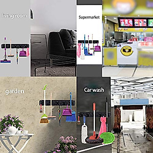 Mop Broom Holder Wall Mounted, Cleaning Tools Rack Hanger with 5 Slots 6 Hooks, Garage Organizer for Closet Kitchen Garden Garage Basement (Black)