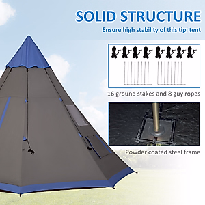 Outsunny 12Ft Camping Tent 6-7 Person 4 Season with 8 Mesh Windows, Outdoor Teepee Tent with Waterproof Material for Family and Friends Camping