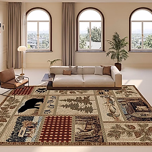 Soyalie Lodge Native Rustic Cabin Bear Area Rugs for Living Room Non-Slip Vintage Empire Cabin Bear Rug Bedroom Decor Abstract Rustic Farmhouse Floor Mat 5'x7'