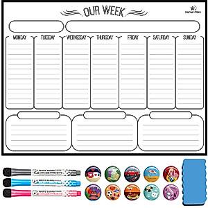 Magnetic Weekly Dry Erase Board Calendar Whiteboard - Magnetic Weekly Planner for Refrigerator - Stain Resistant Nano Technology - 3 Fine Tip Markers and Eraser, 10 Highlight Icons 16inchX12inch